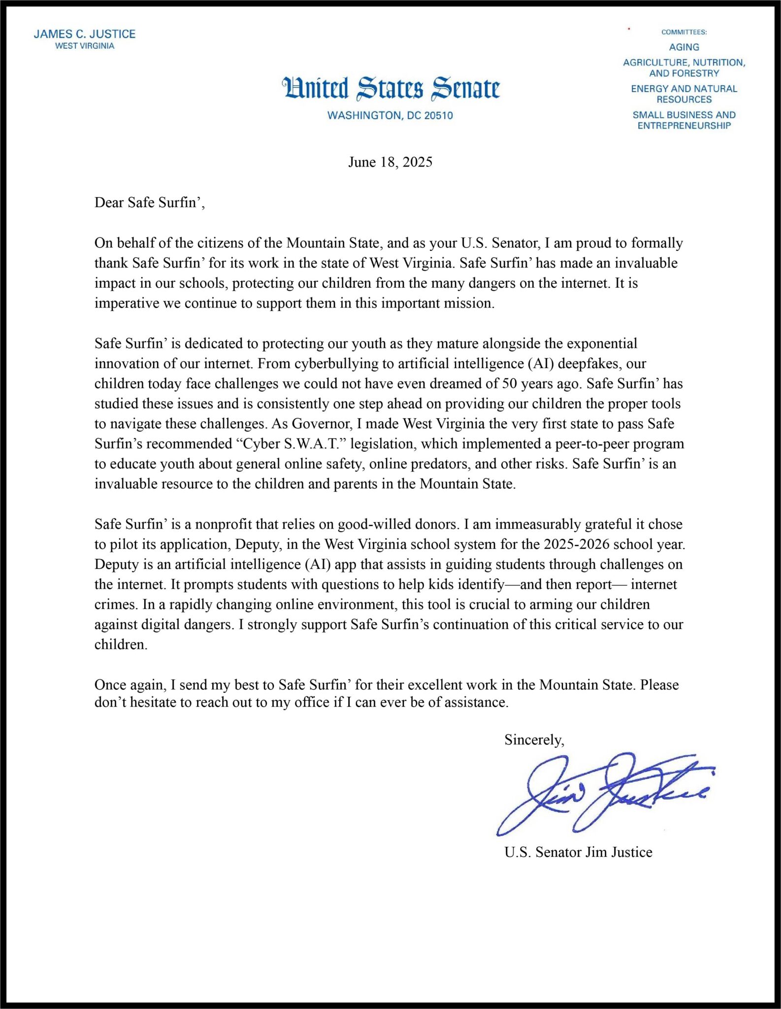 Senator Jim Justice Commends Safe Surfin’ in West Virginia - Safe ...
